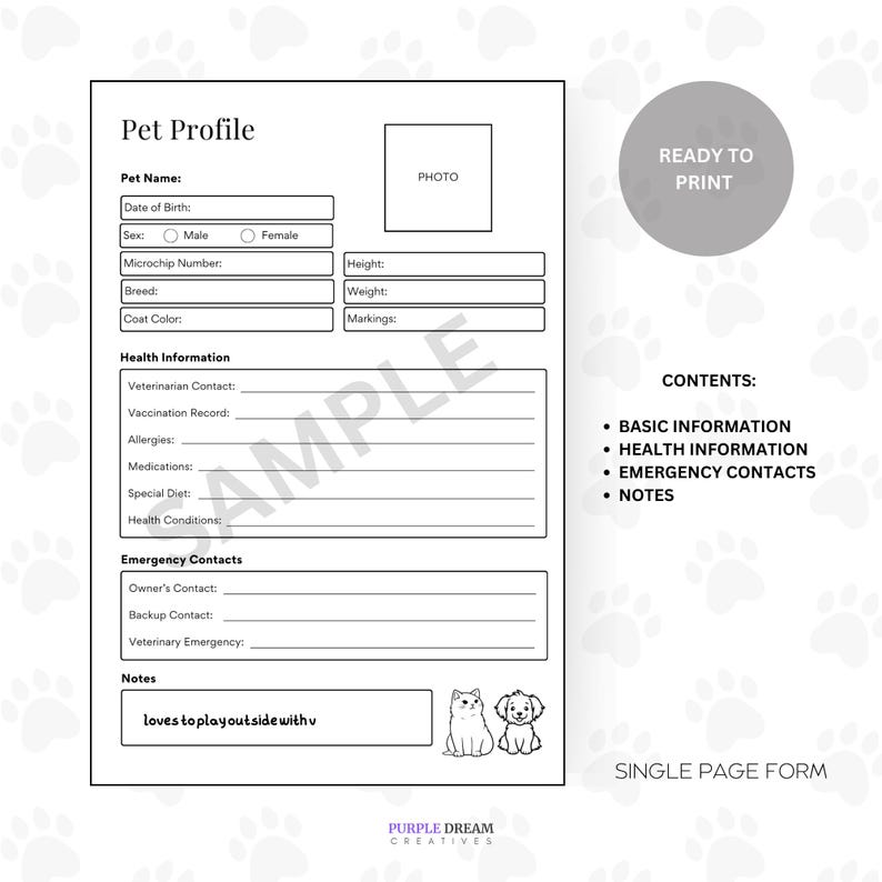 Pet Profile, Pet Profile Printable PDF, Pet Profile Log, Pet Planner ...