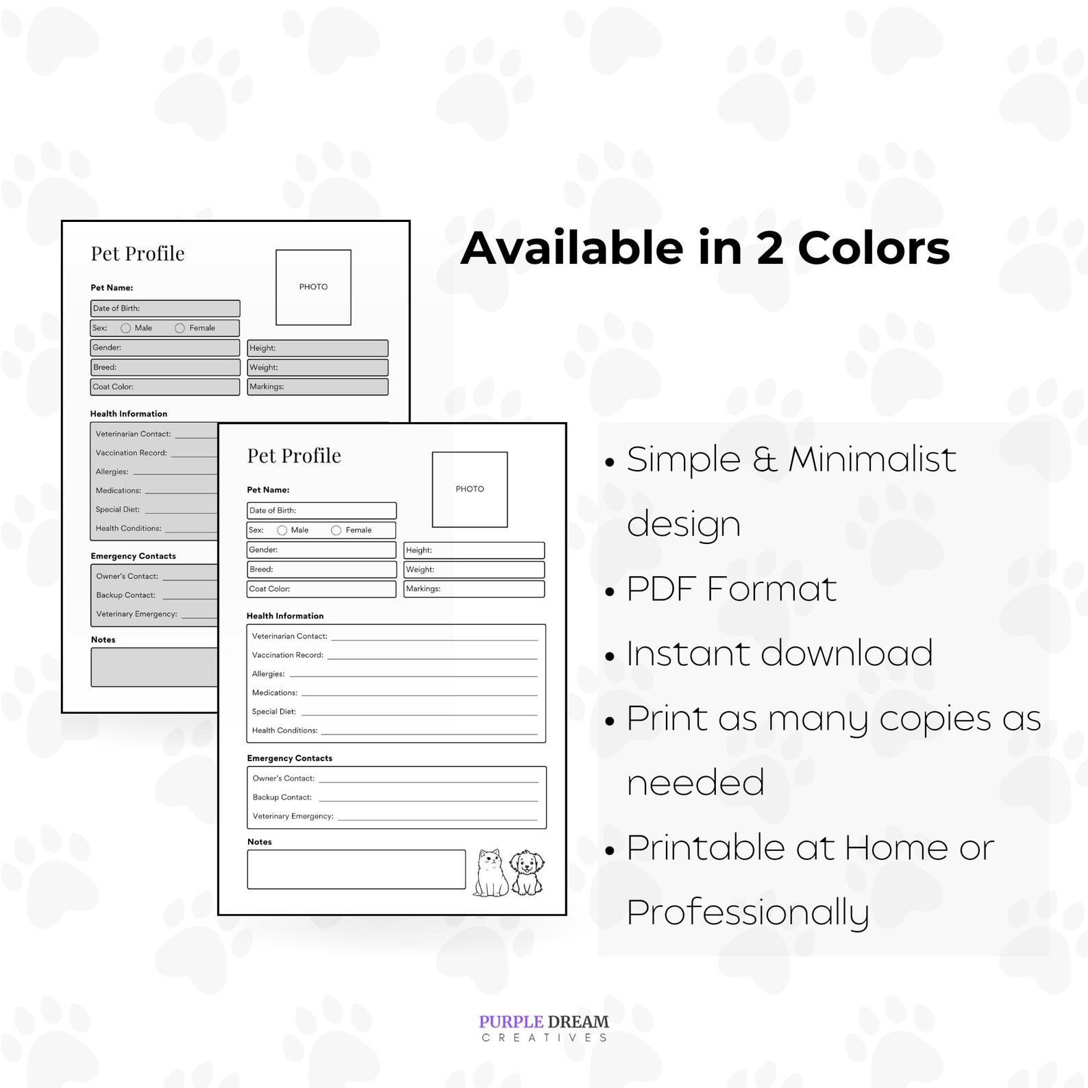 Pet Profile, Pet Profile Printable PDF, Pet Profile Log, Pet Planner ...