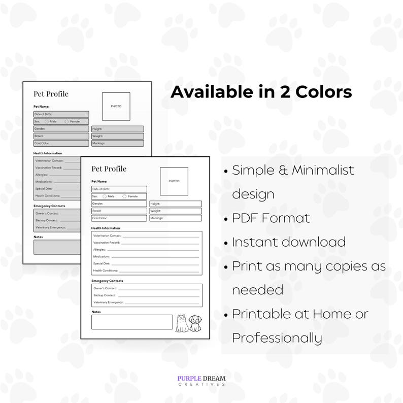 Pet Profile, Pet Profile Printable PDF, Pet Profile Log, Pet Planner ...