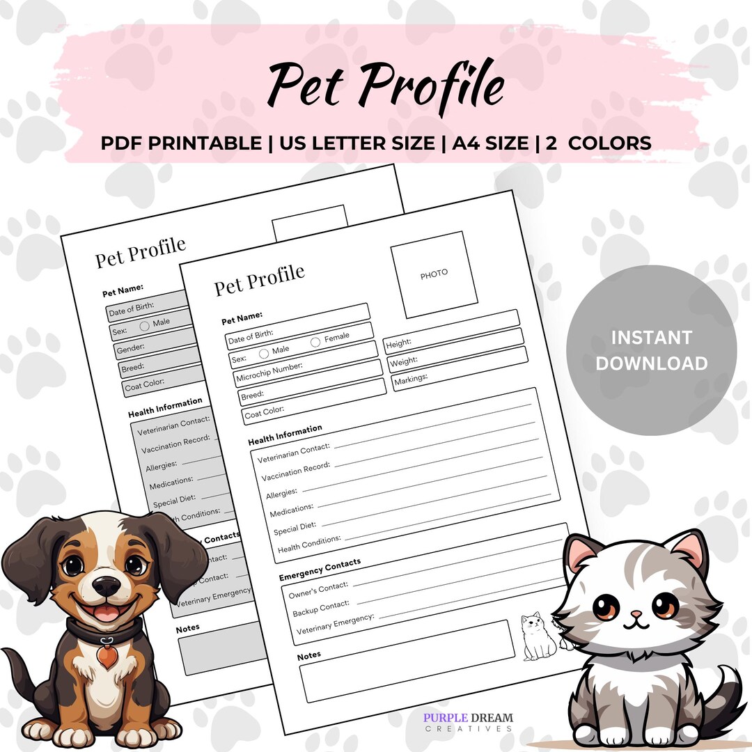 Pet Profile, Pet Profile Printable PDF, Pet Profile Log, Pet Planner ...