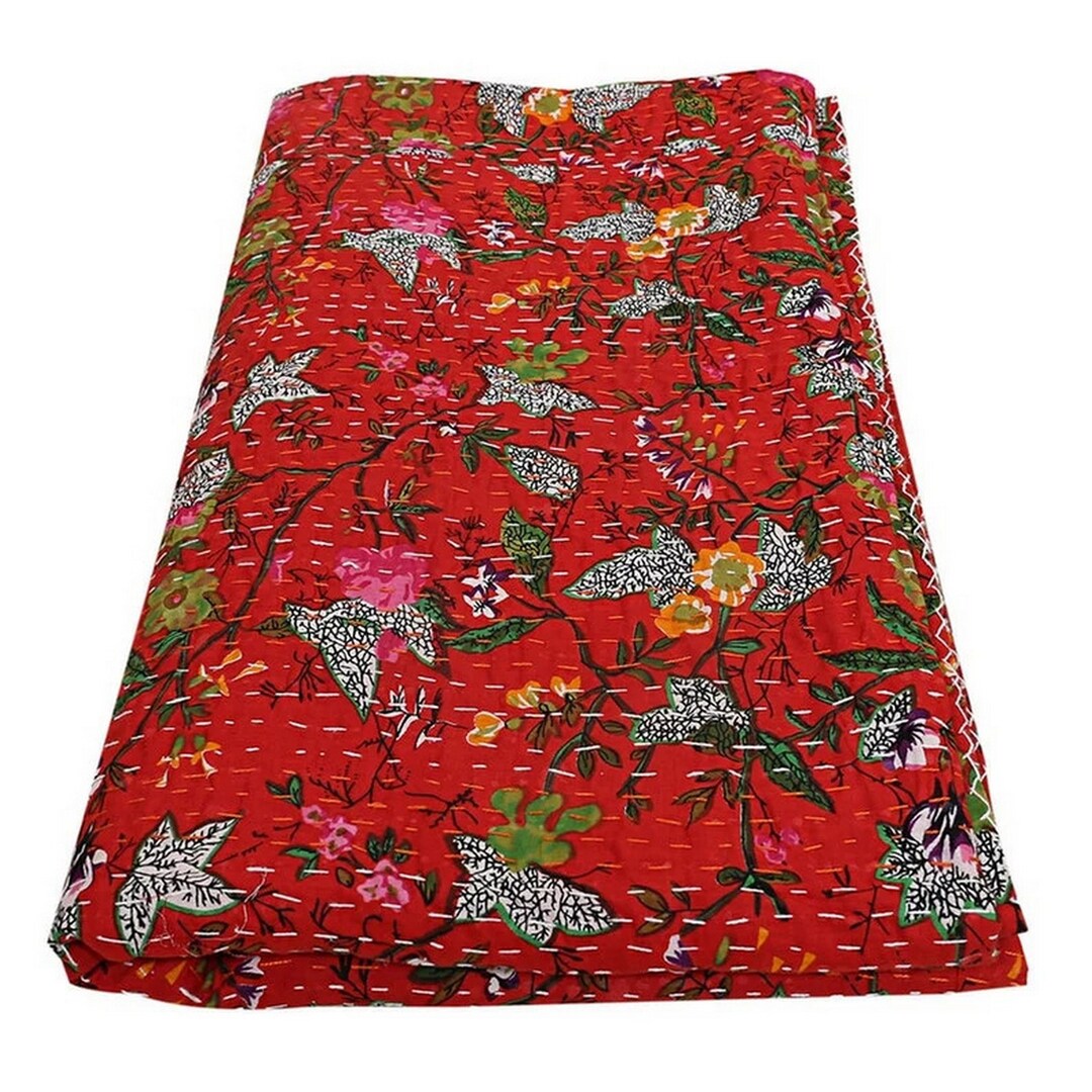 Red Paradise Print Kantha Quilt: Handmade Indian Cotton Bedspread - Etsy