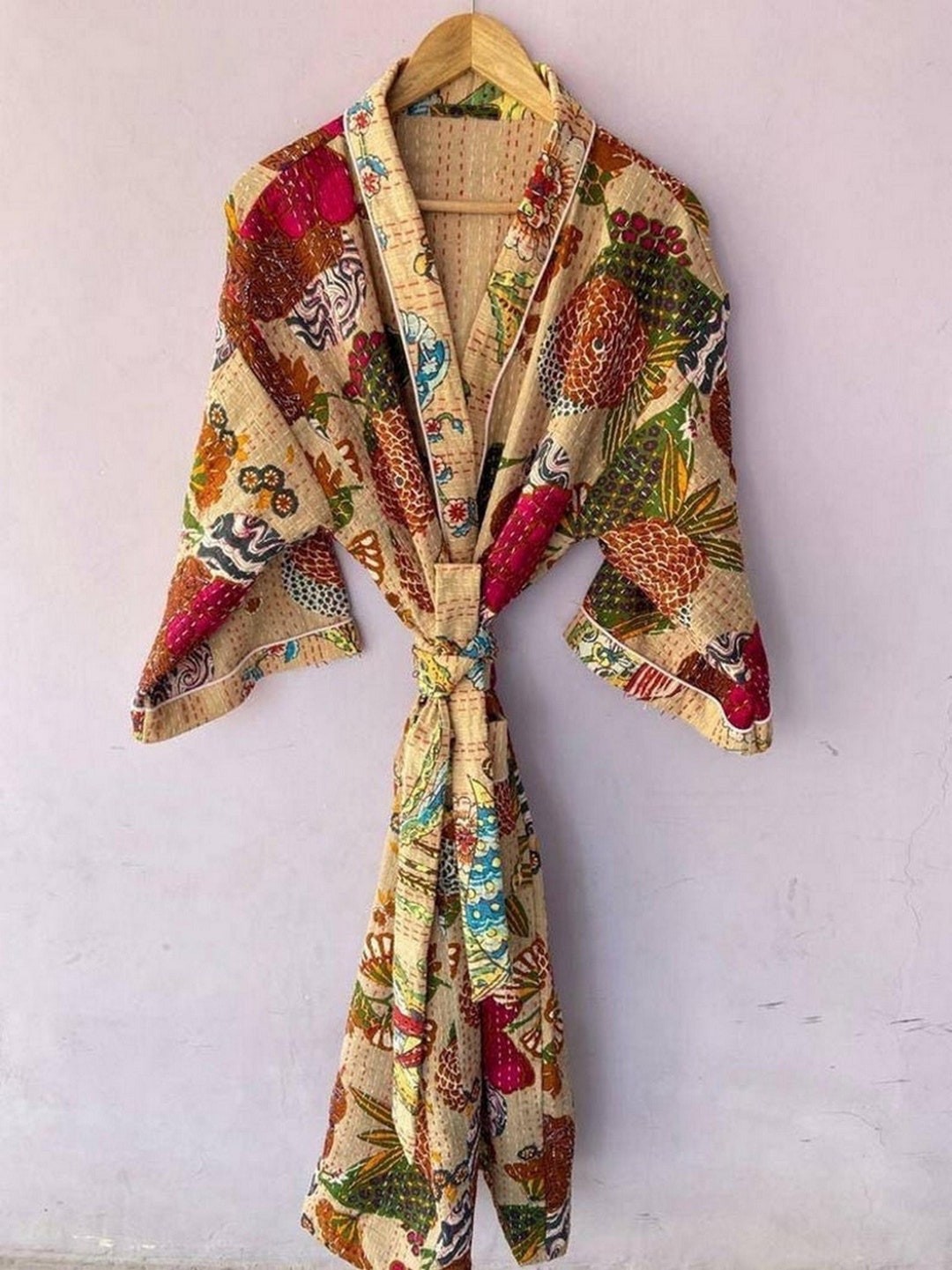Kantha Kimono Jacket, Boho Robe, Floral Kimono Wrap, Women's Kimono ...
