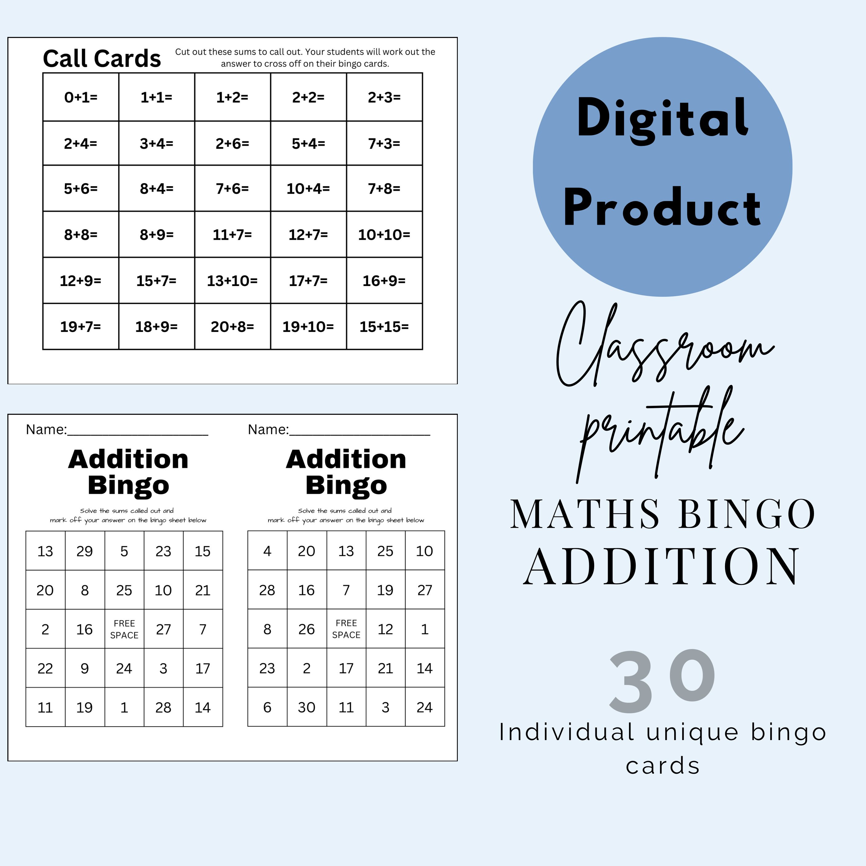 Bingo Cards Kids, Maths Games for Kids, Maths Bingo, Addition Worksheet ...