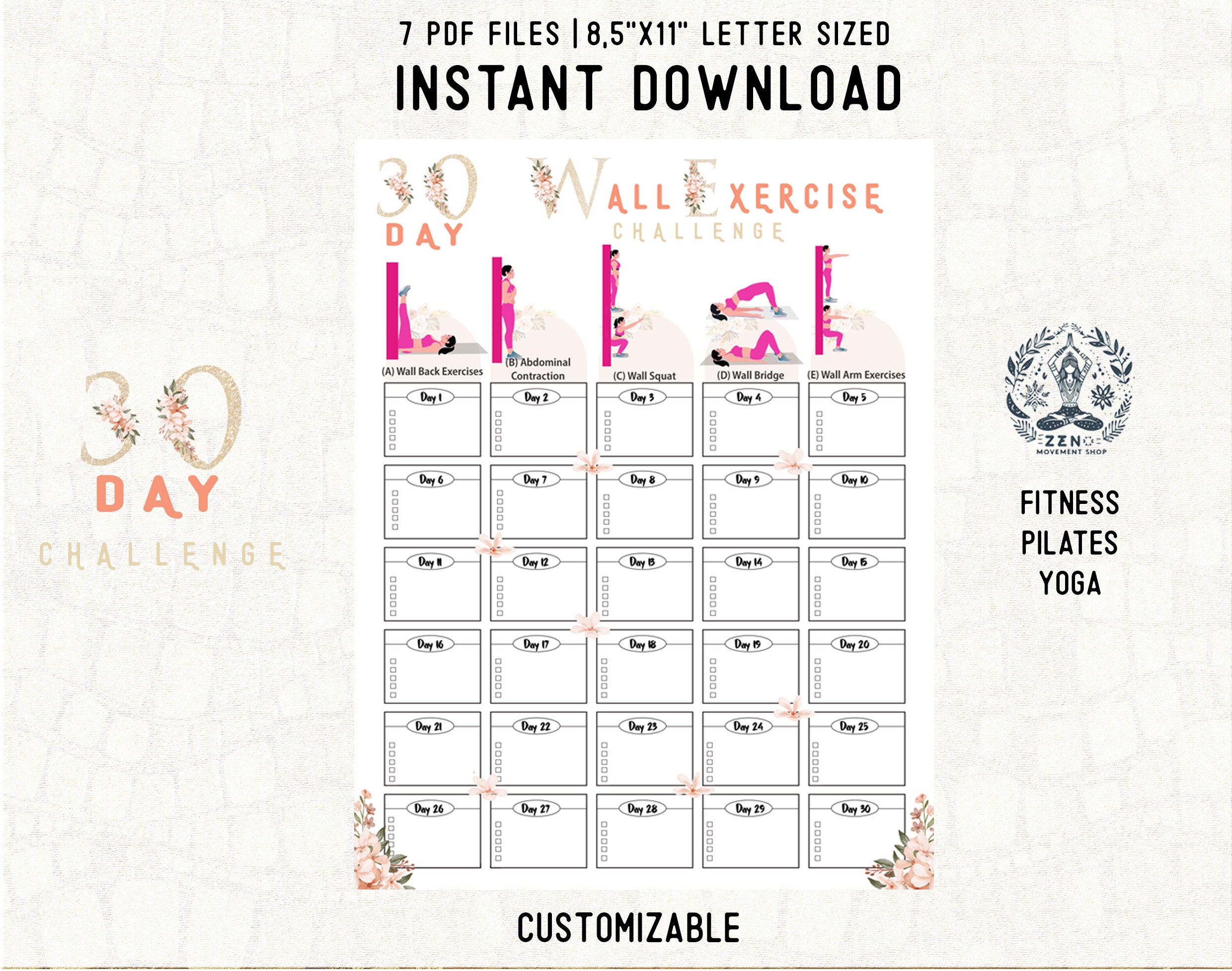 30 Day Wall Exercise Challenge Printable BUNDLE Wall Pilates Wall ...