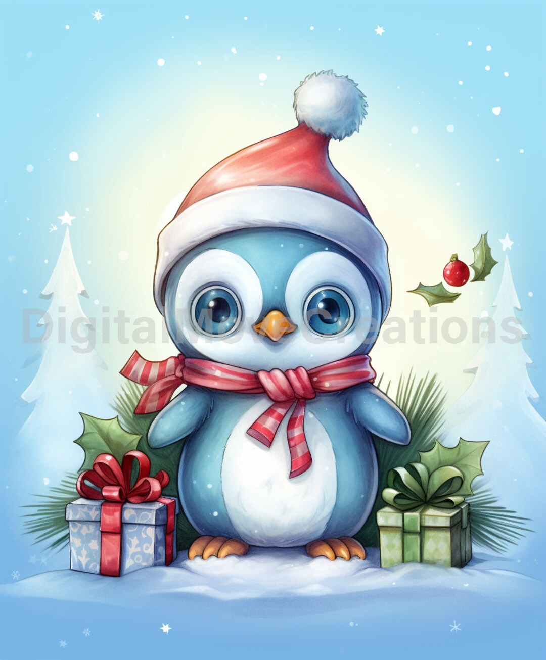 Christmas Penguin Clipart Bundle: Watercolor & Mixed Media Digital ...