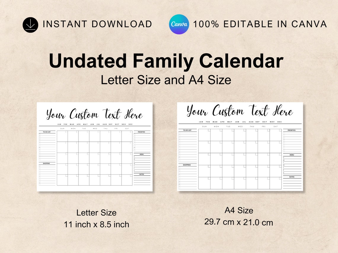 Undated Customizable Family Calendar for Vinyl Cut, Custom Acrylic ...