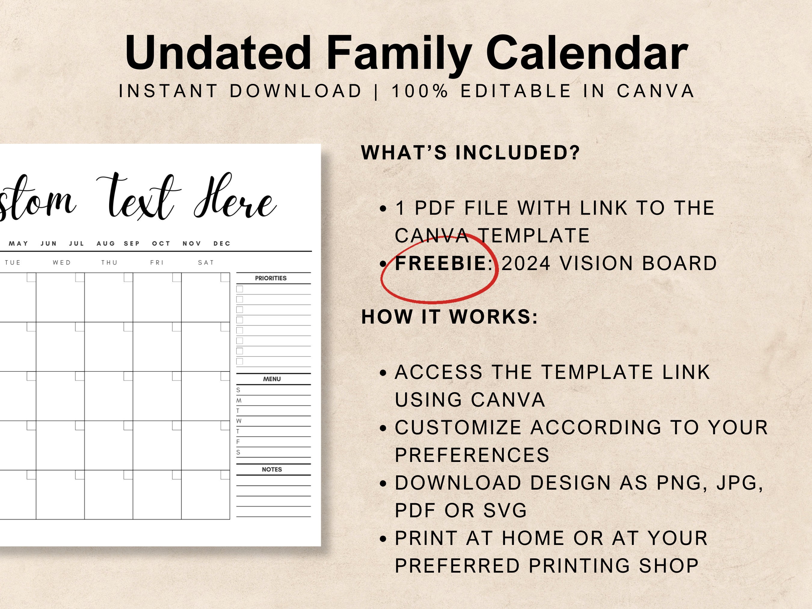 Undated Customizable Family Calendar for Vinyl Cut, Custom Acrylic ...