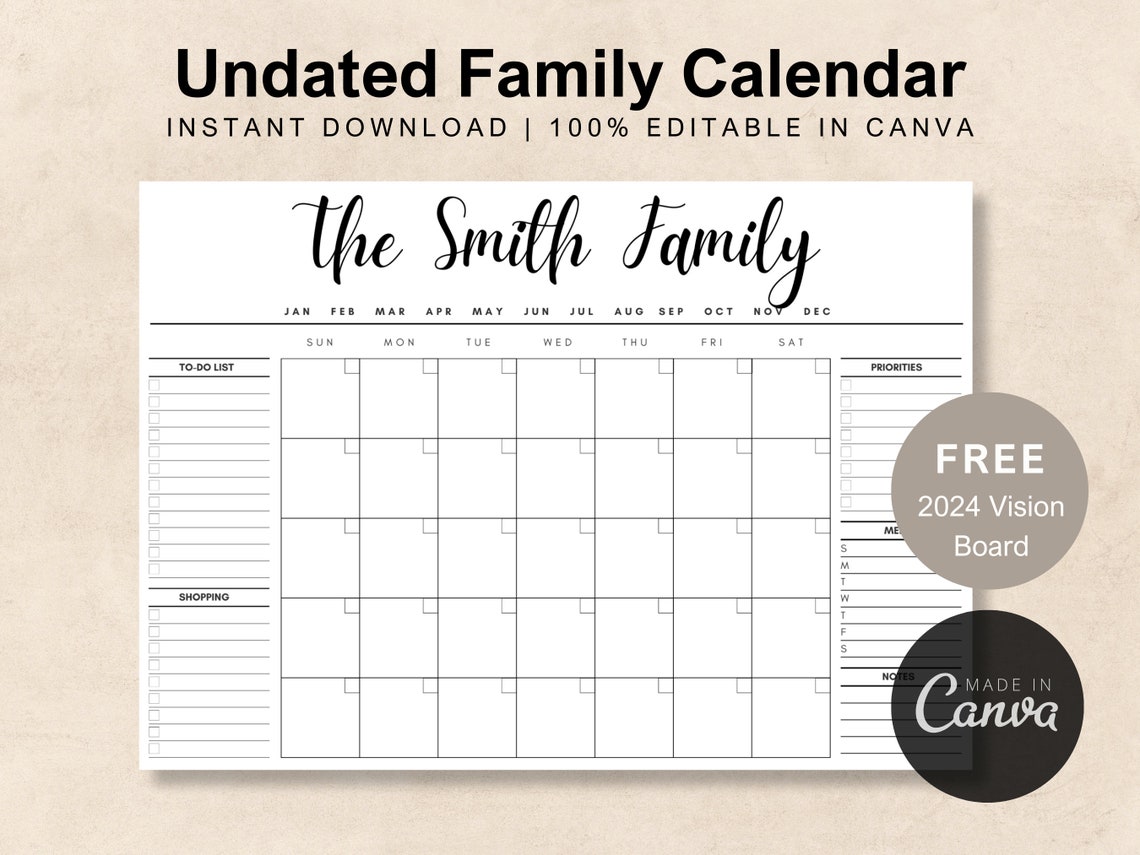Undated Customizable Family Calendar for Vinyl Cut, Custom Acrylic ...