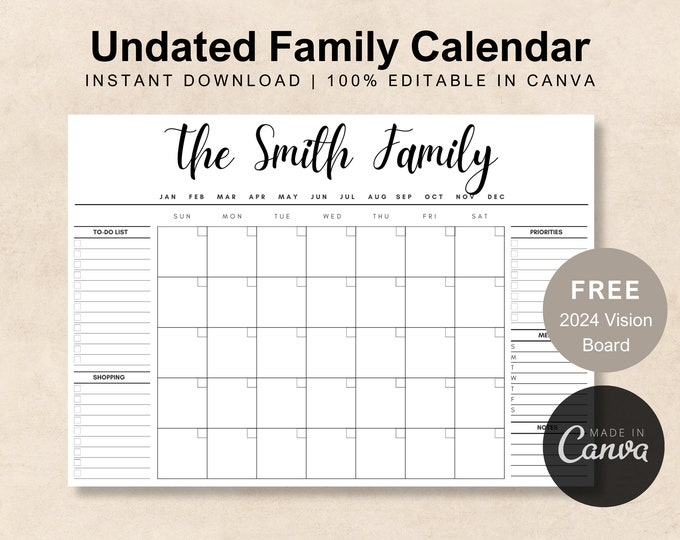 Undated Customizable Family Calendar for Vinyl Cut, Custom Acrylic ...
