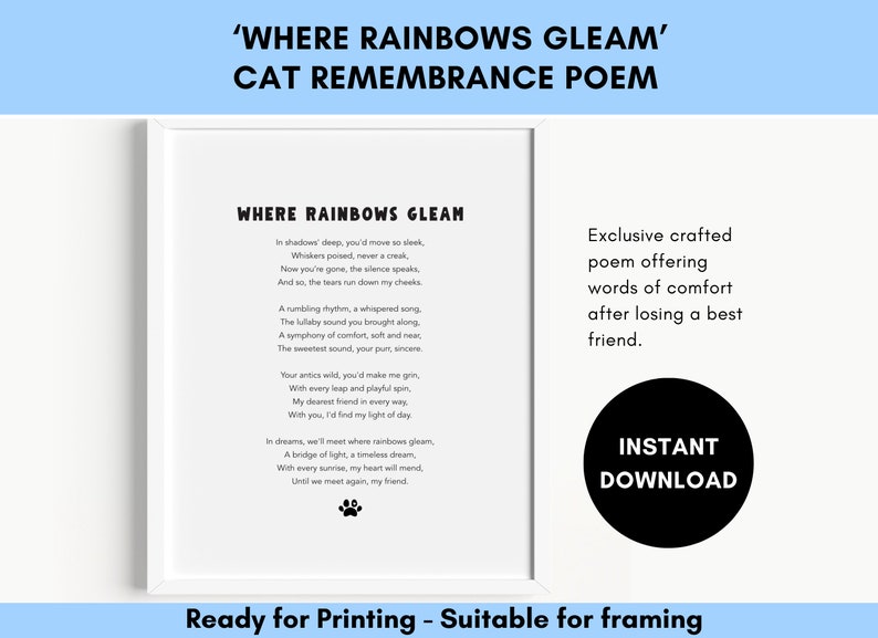 Cat Memorial Poem Where Rainbows Gleam Cat Loss Poem Cat Remembrance ...
