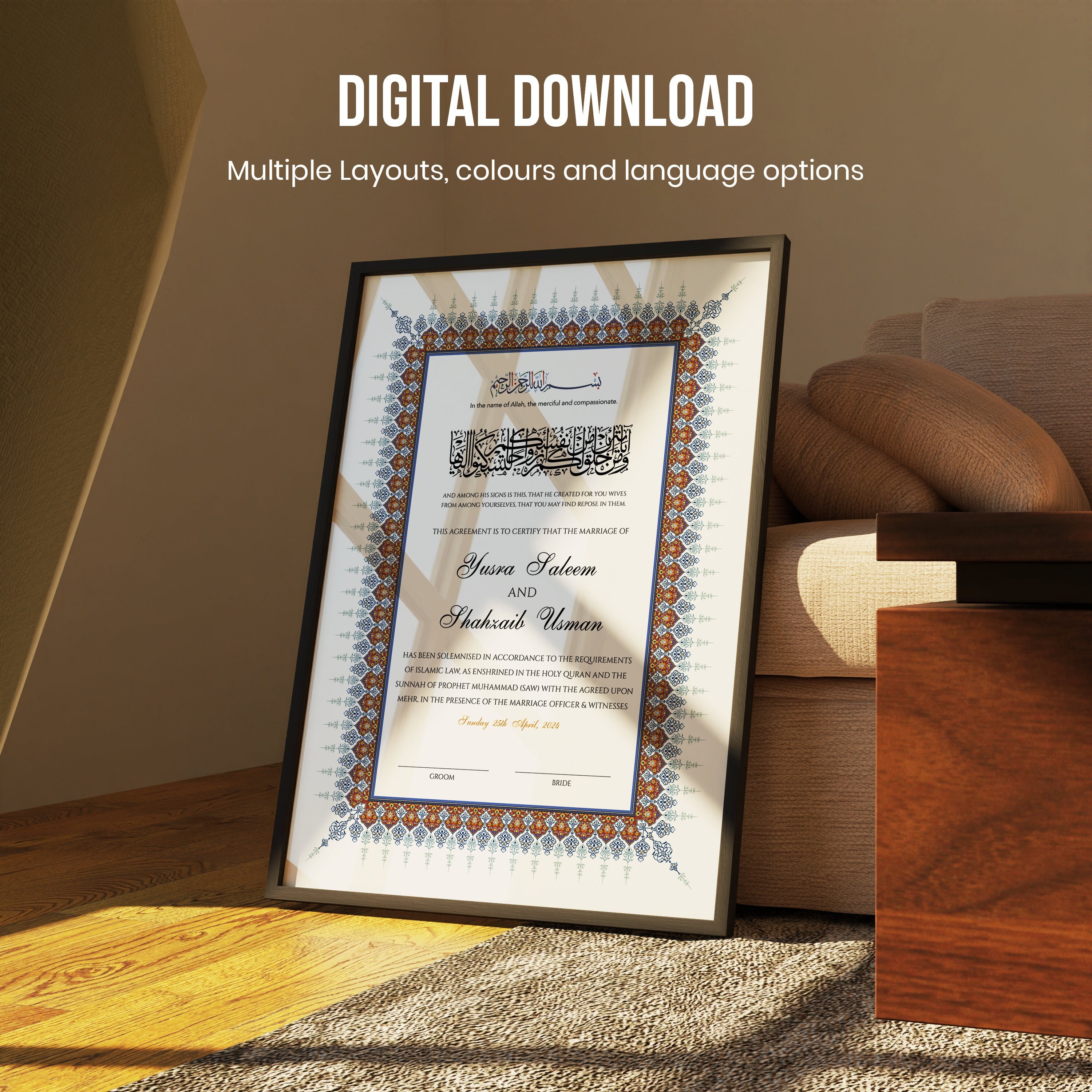 NIKKAH Wedding CONTRACT CERTIFICATE, Personalized Islamic Marriage Digital Nikkah Nama ...