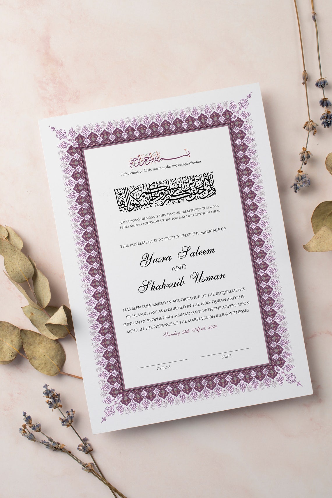 NIKKAH Wedding CONTRACT CERTIFICATE, Personalized Islamic Marriage ...