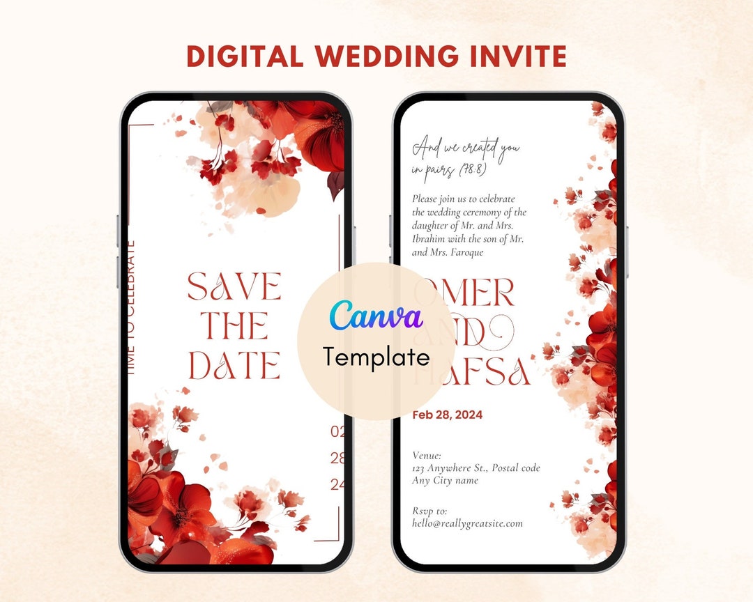 MUSLIM WEDDING Evite Save the Date INVITATION, Red Floral Nikkah ...