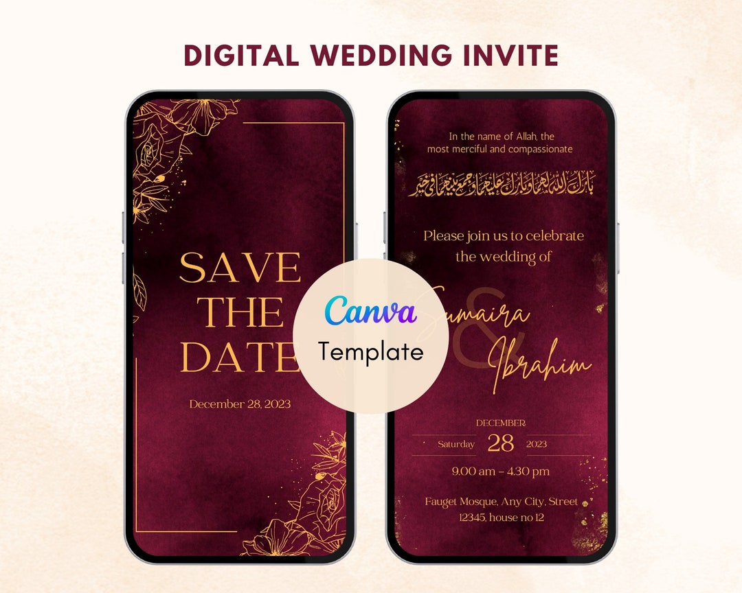 MUSLIM WEDDING Save the Date INVITATION, Burgundy Maroon Red Floral ...