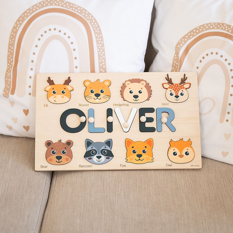 Woodland Theme Baby Puzzle, Animals Name Puzzle, First Birthday Gift ...
