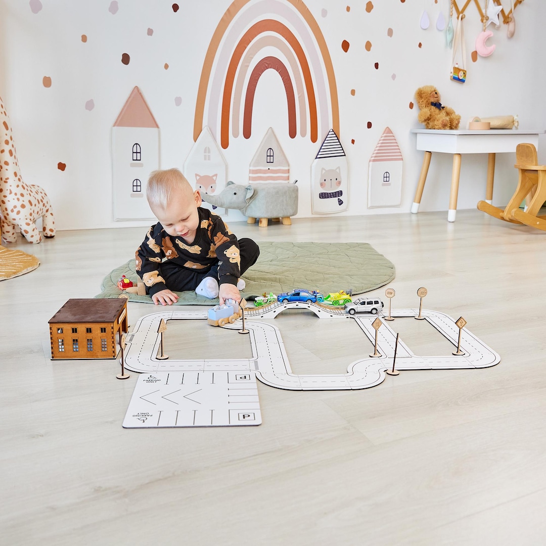 Wooden Road Track, Toy Car Track With Garage, Montessori Toys for Boys ...
