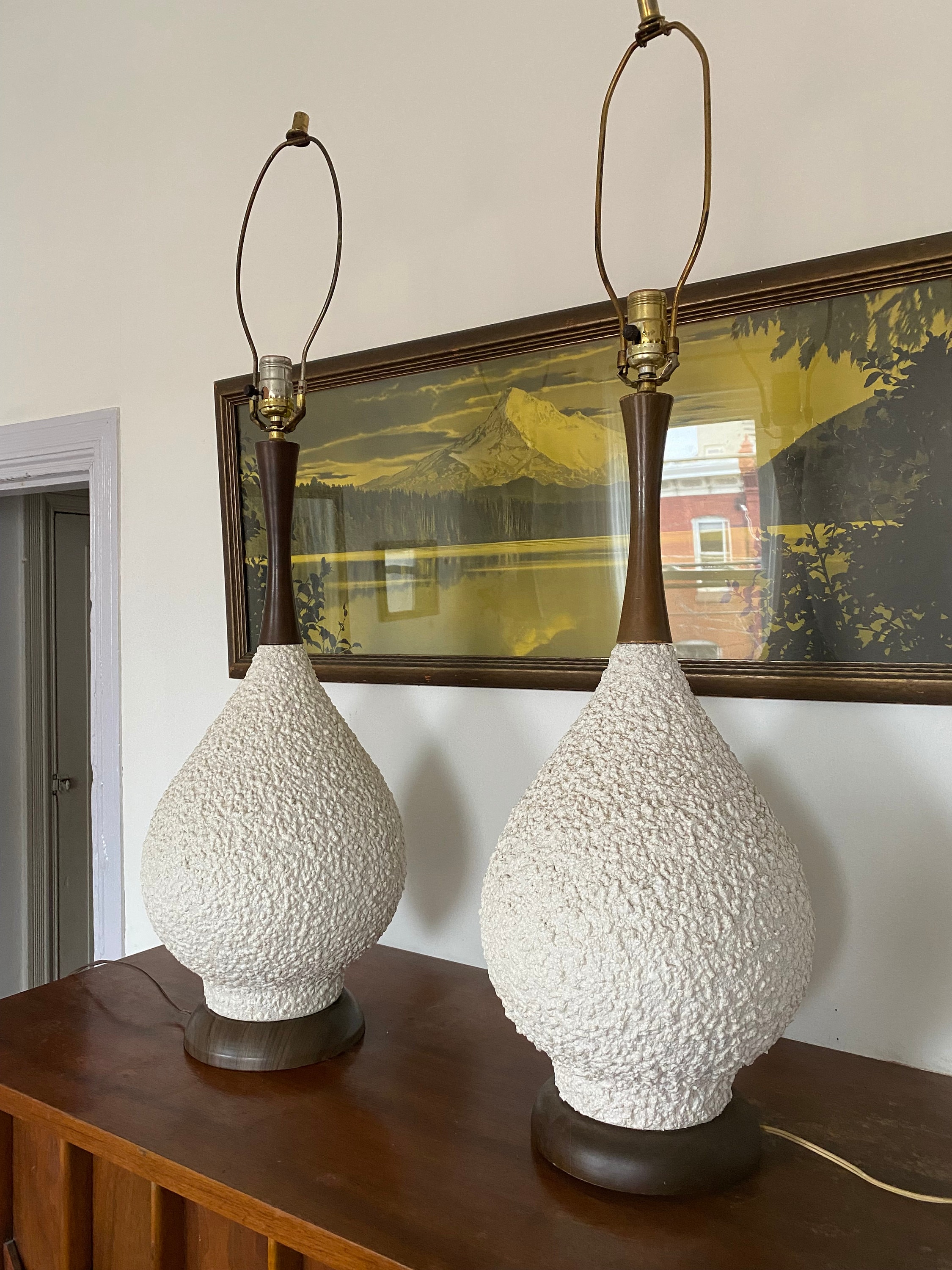 Mid Century Modern Ceramic and Teak Popcorn Textured Lamps Danish 1960s ...