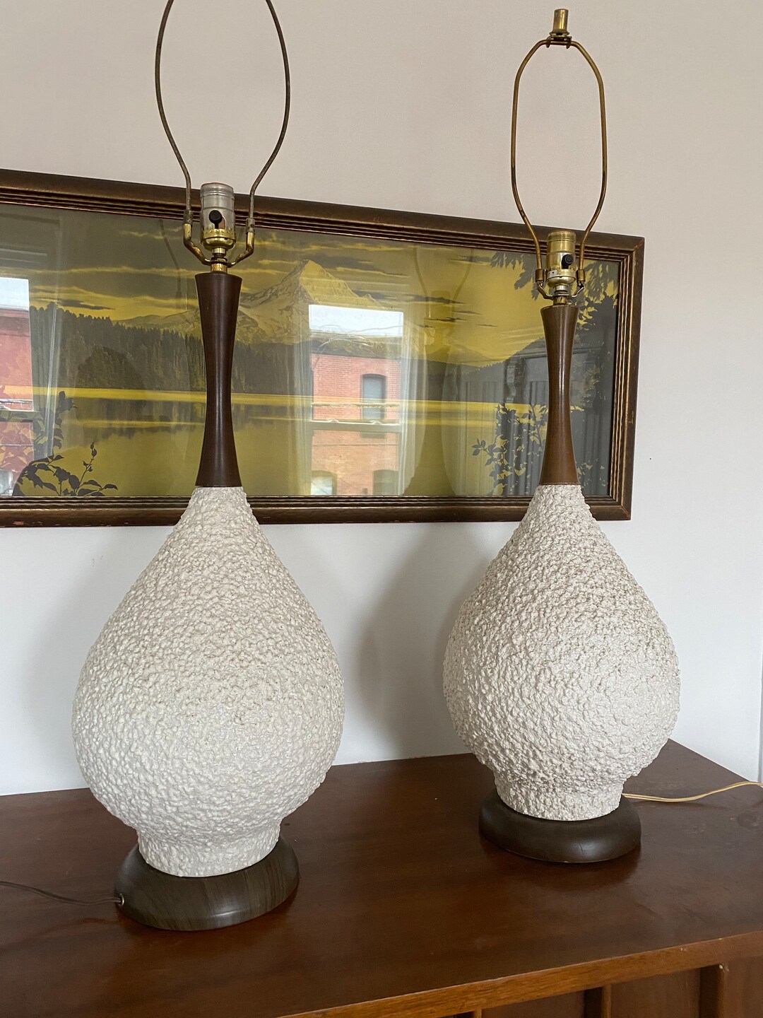 Mid Century Modern Ceramic and Teak Popcorn Textured Lamps Danish 1960s ...