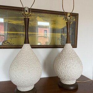 Mid Century Modern Ceramic and Teak Popcorn Textured Lamps Danish 1960s ...