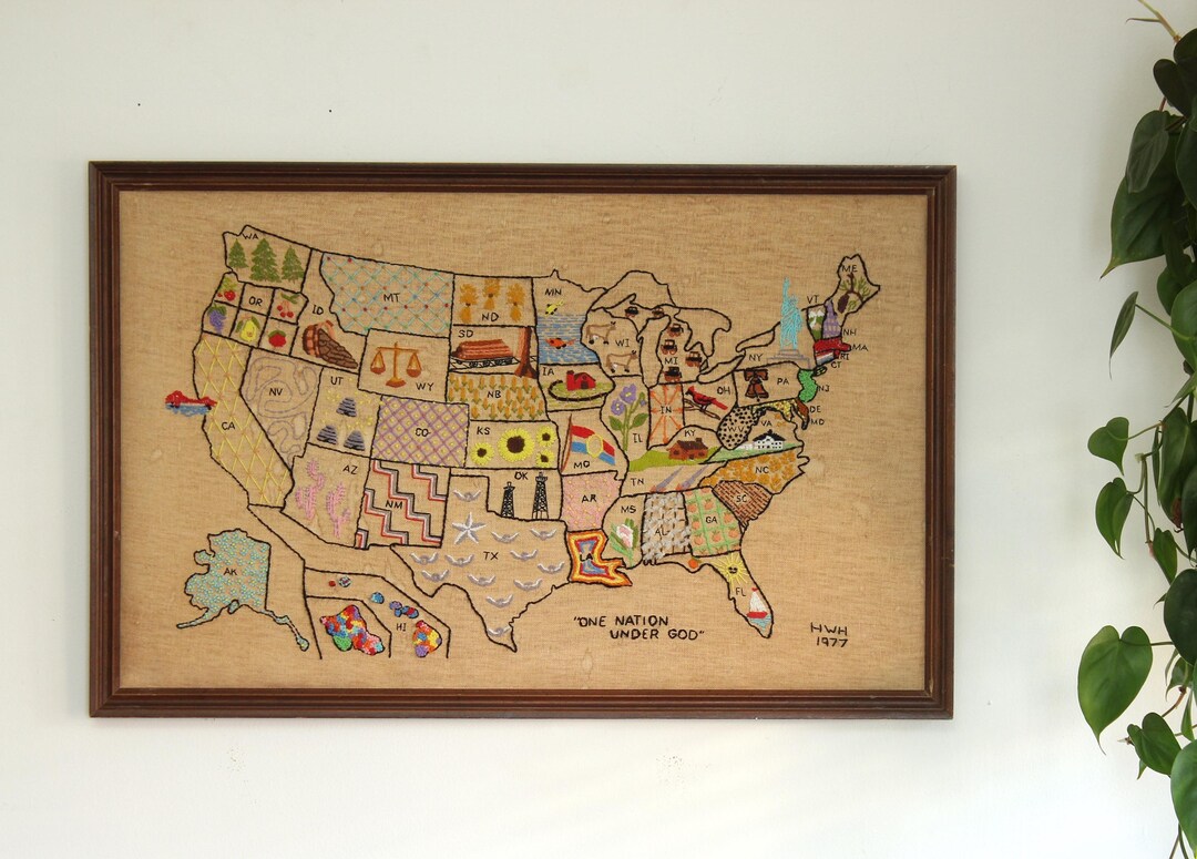 Vintage Needlepoint Map of the United States 1977 Wood Framed - Etsy