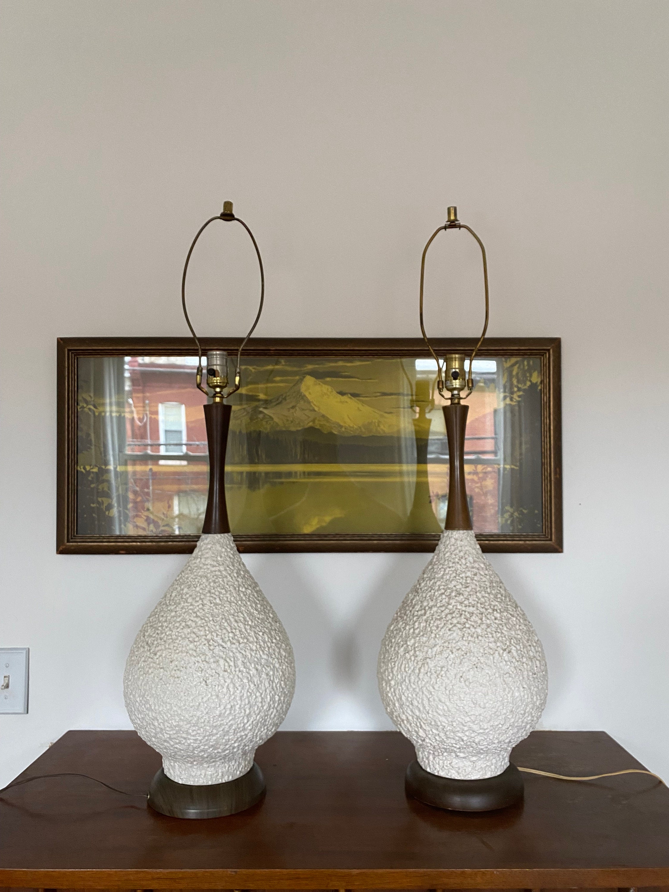 Mid Century Modern Ceramic and Teak Popcorn Textured Lamps Danish 1960s ...