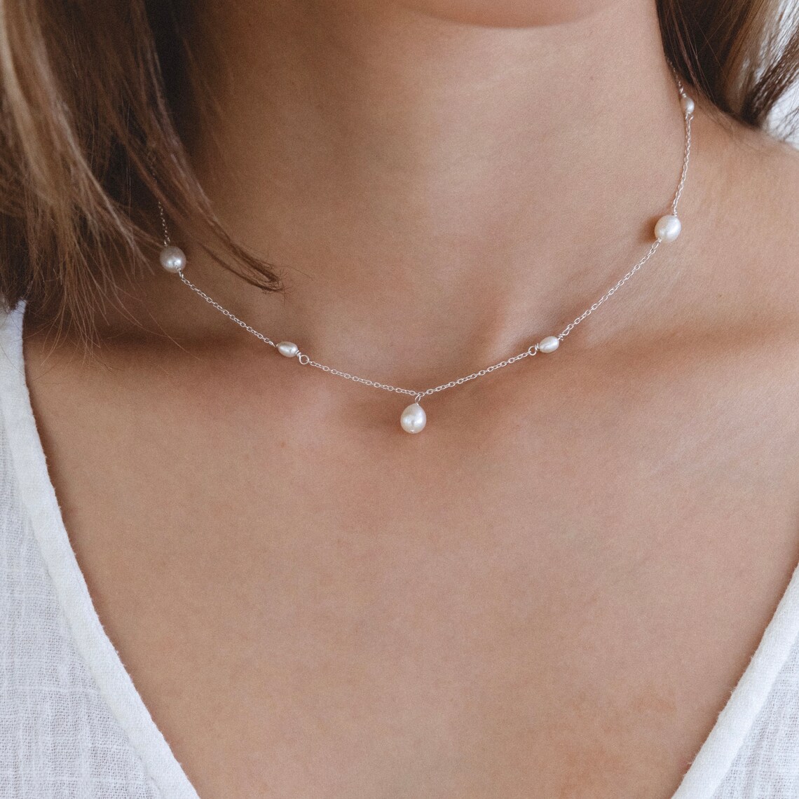 Dainty Pearl Necklace - Tiny Freshwater Pearl Drops on a Delicate and ...