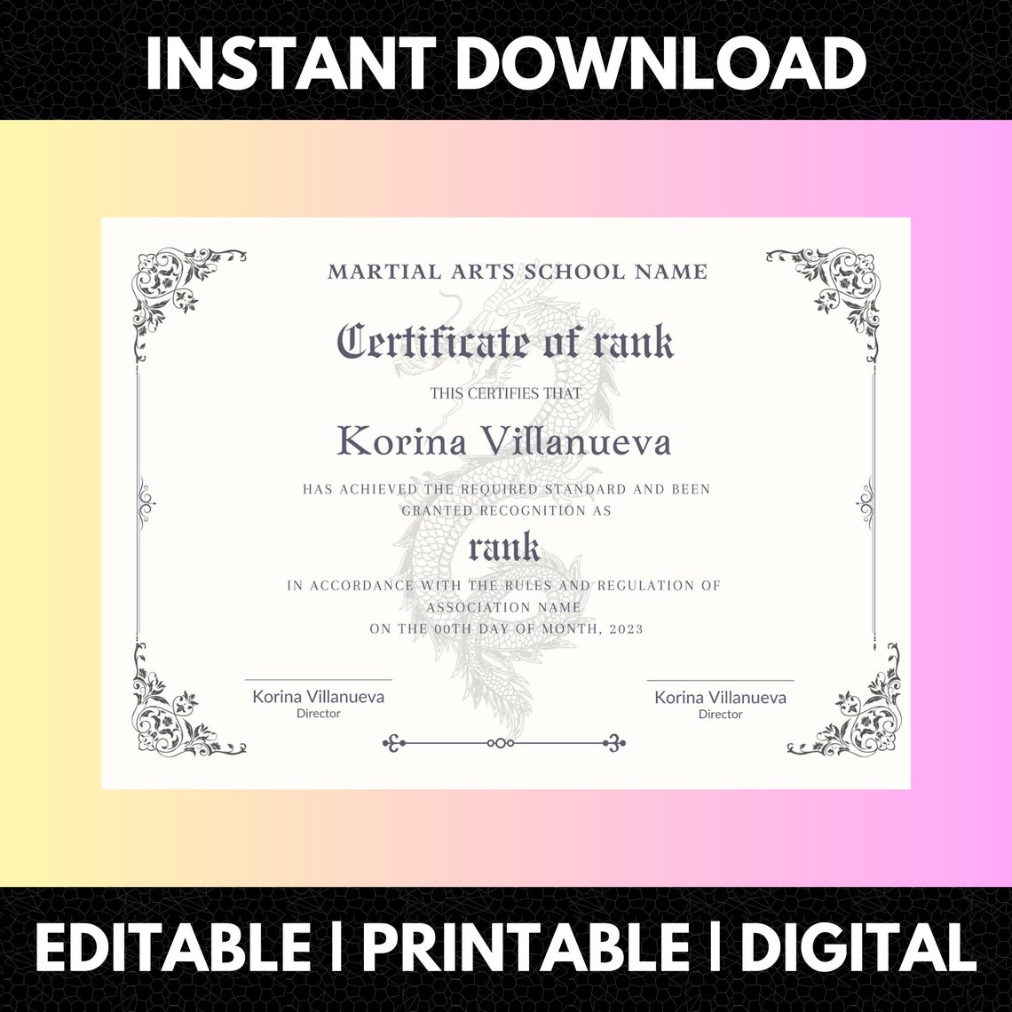 Editable Certificate of Rank, Rank Certificate, Digital Downloads ...