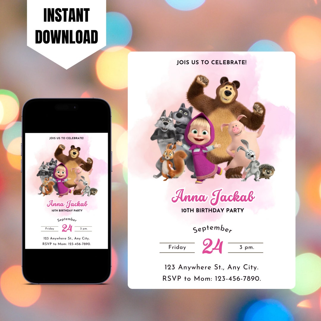 Editable Masha and the Bear Birthday Invitation - Etsy