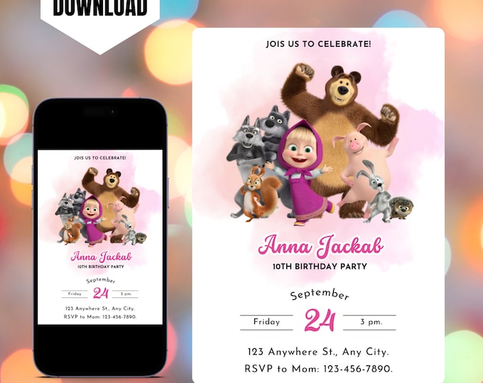 Editable Masha and the Bear Birthday Invitation, Printable Masha and ...