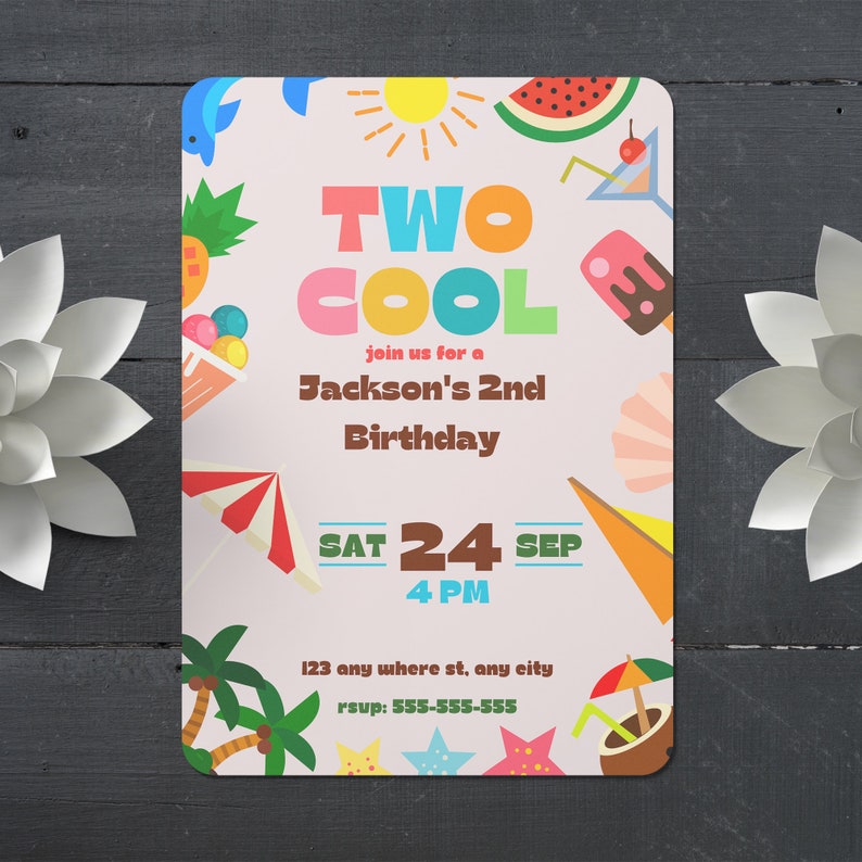 Editable Two Cool Birthday Party Invitation, Digital Two Cool Summer ...