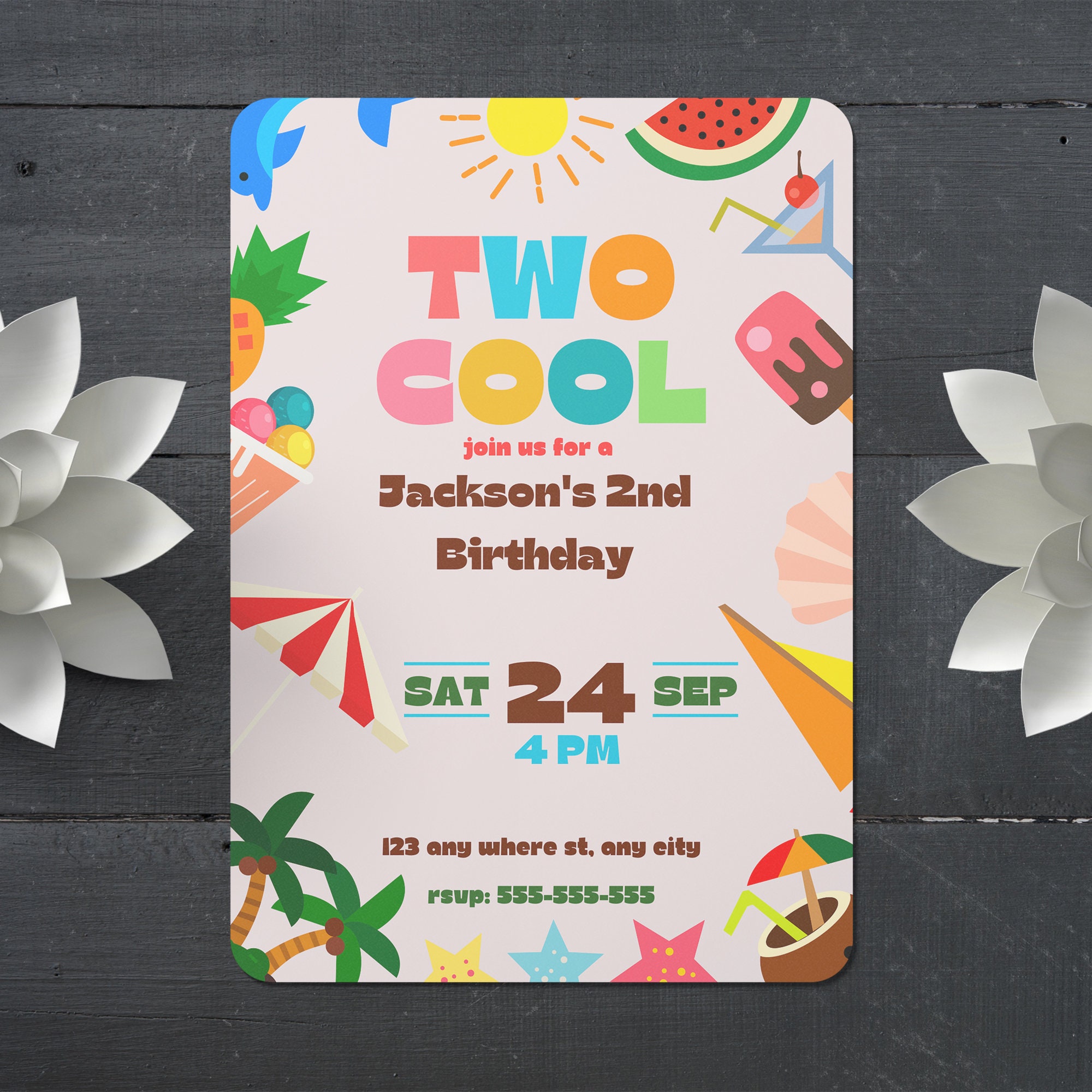 Editable Two Cool Birthday Party Invitation, Digital Two Cool Summer ...