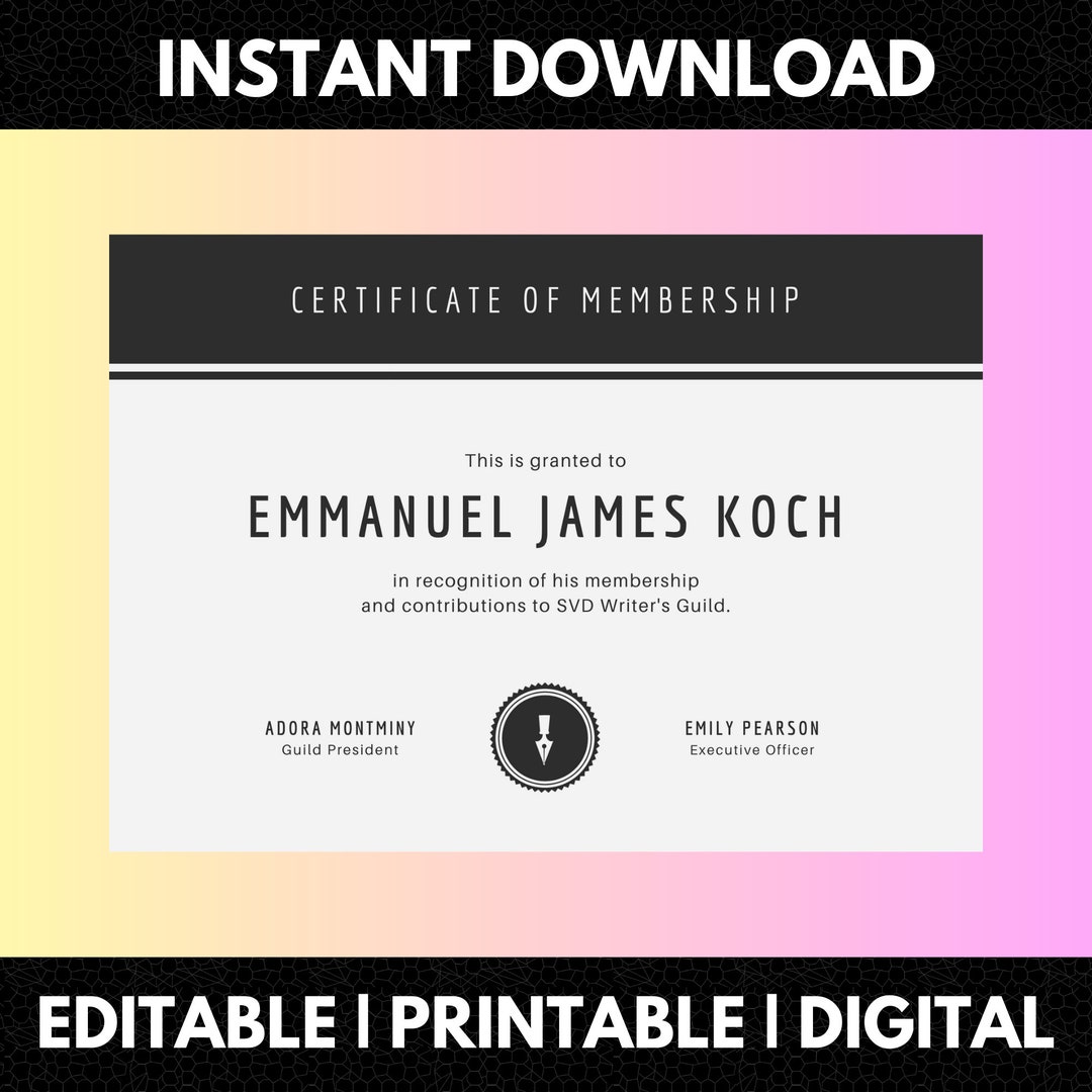 Editable Certificate of Membership, Membership Certificate, Digital ...
