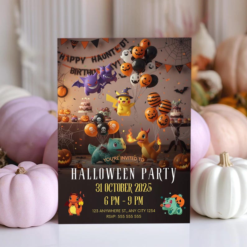 Pokemon Halloween Party Invitation, Editable Canva Template, Halloween ...