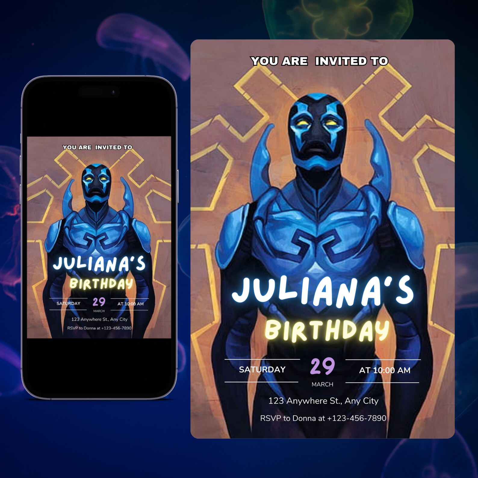 Editable Blue Beetle Party Invite, Digital Blue Beetle Birthday ...
