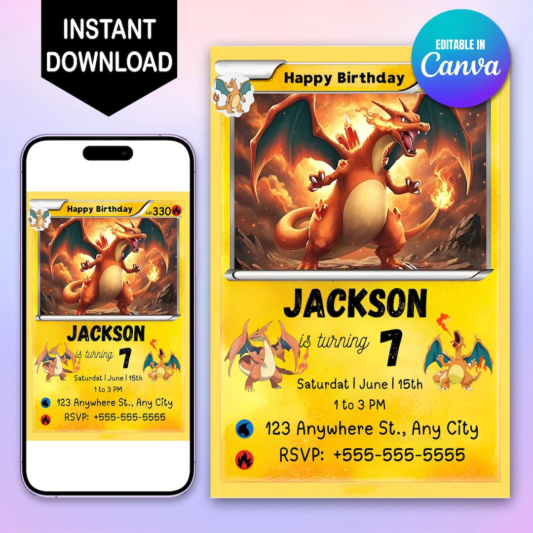 Editable Charizard Birthday Card Invitation, Printable Charizard ...