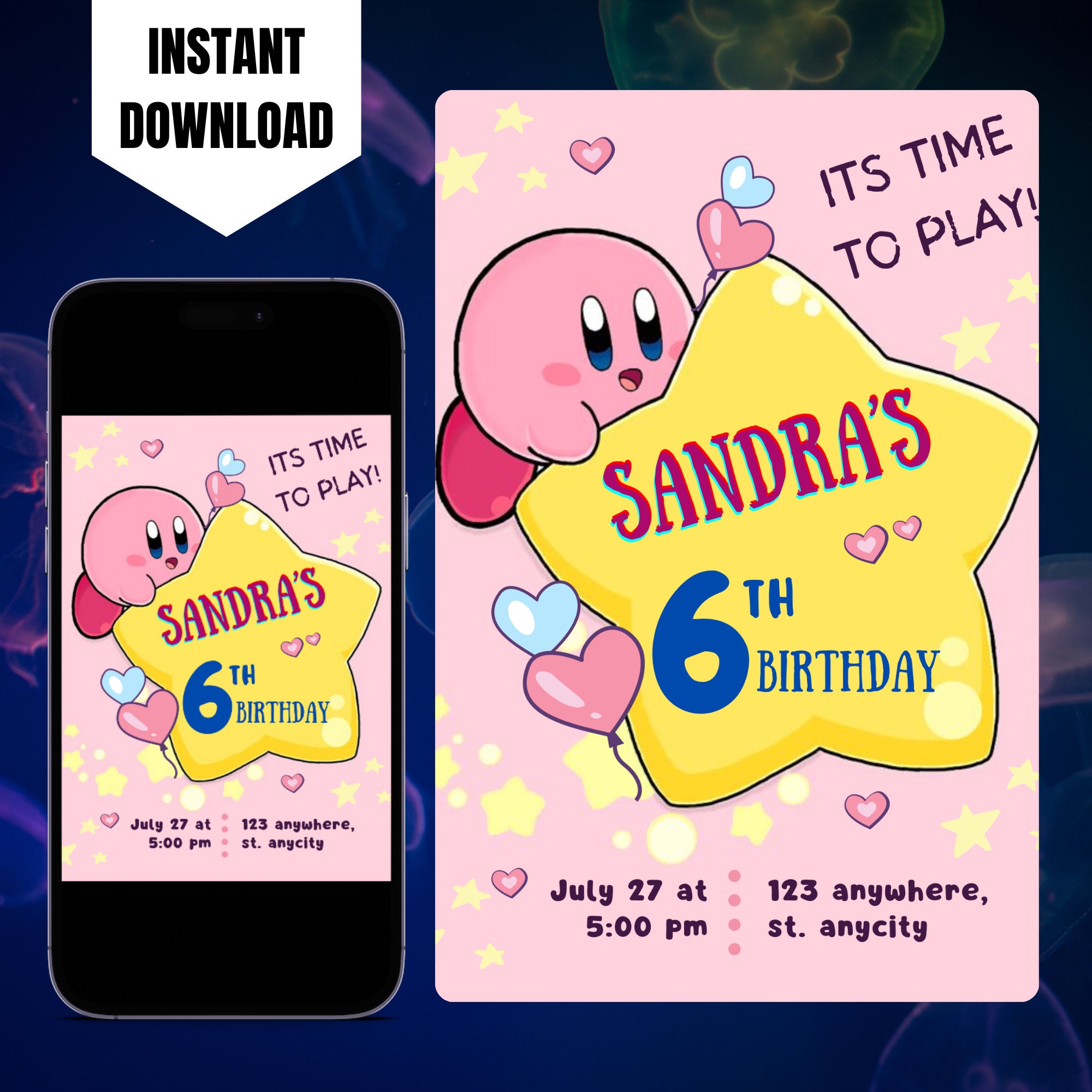 Editable Kirby Birthday Invitation: Printable Party Invite (canva ...