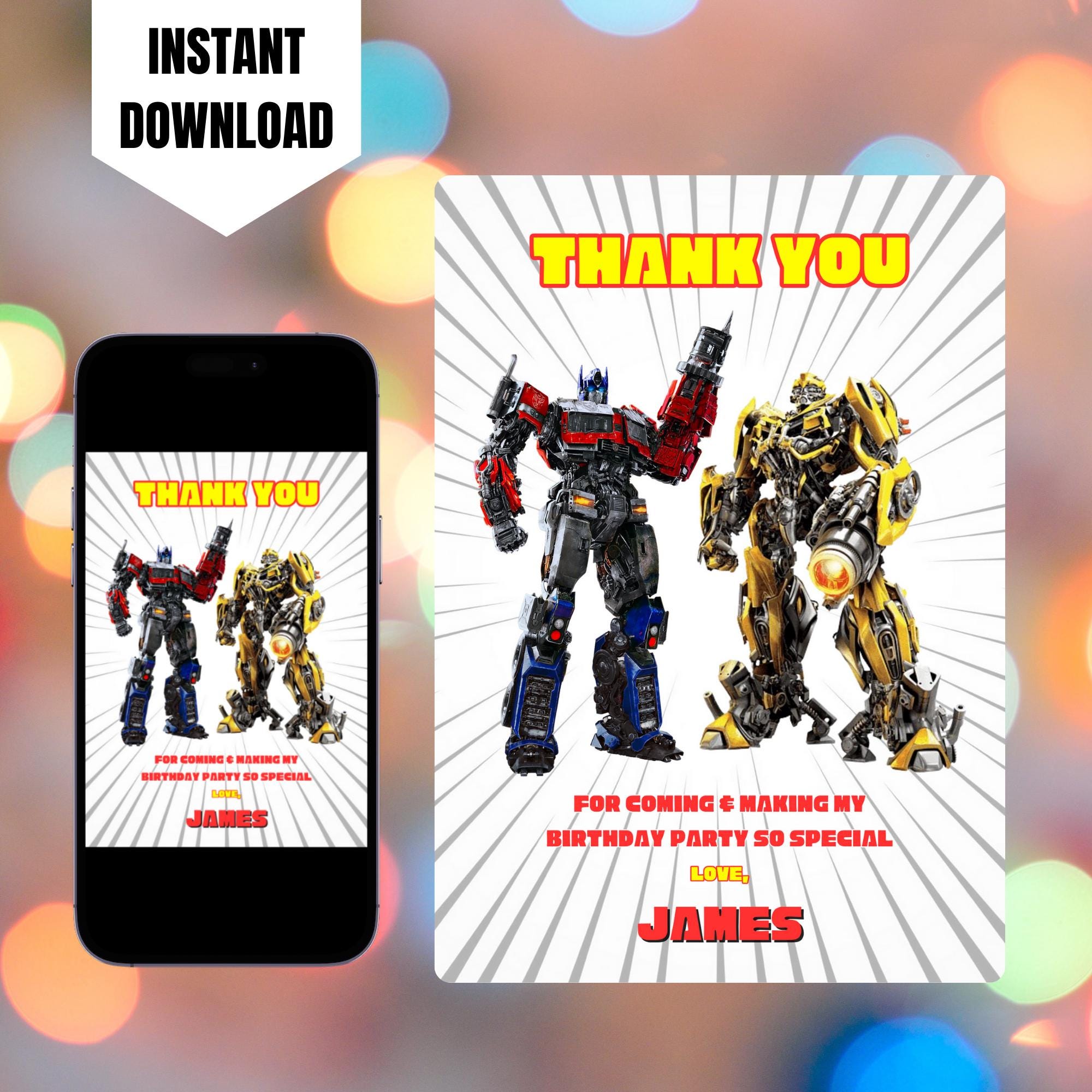 Editable Rescue Bots Transformer Birthday Thank You Card Template ...