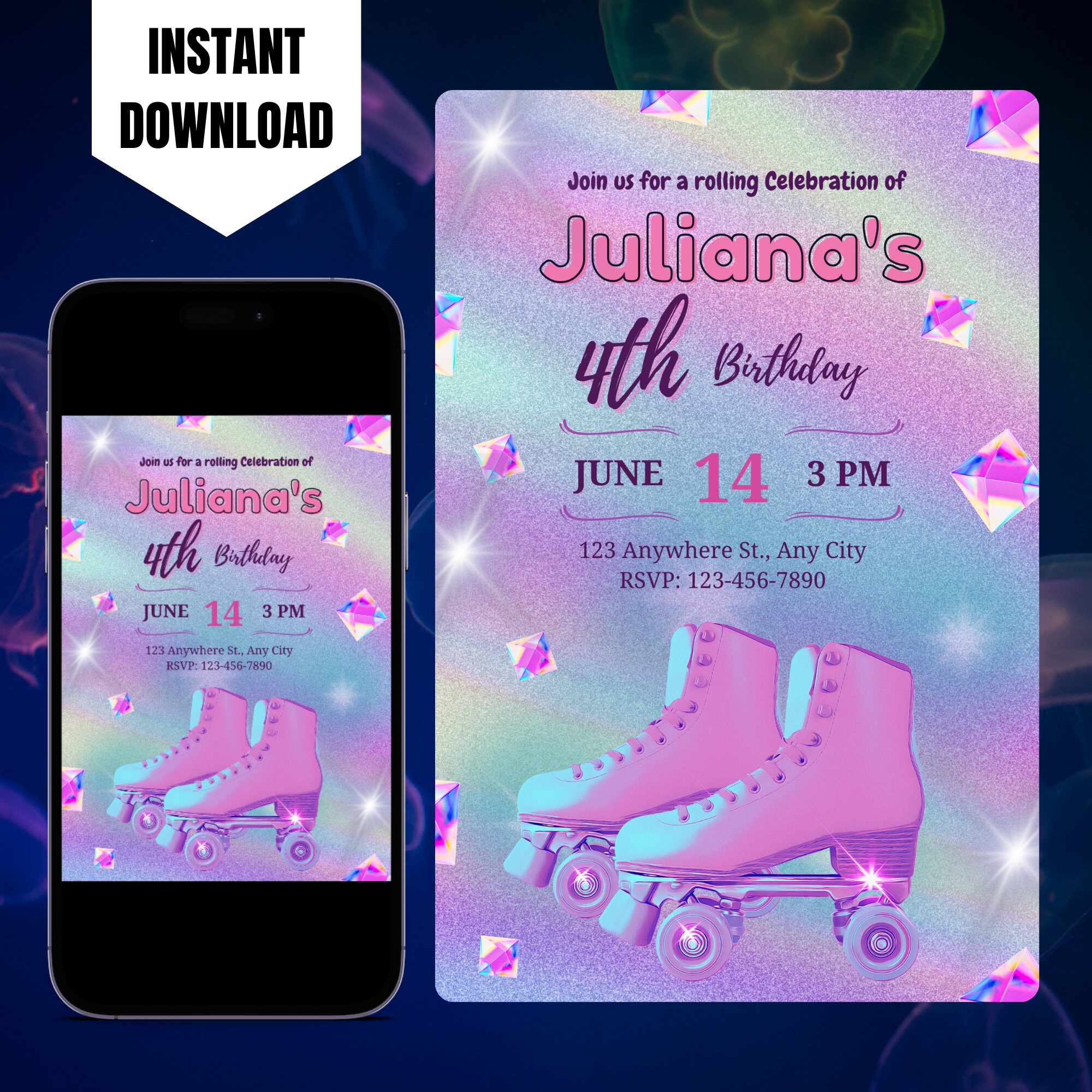 Editable Roller Skating Invite, Printable Glow Roller Skating Party ...