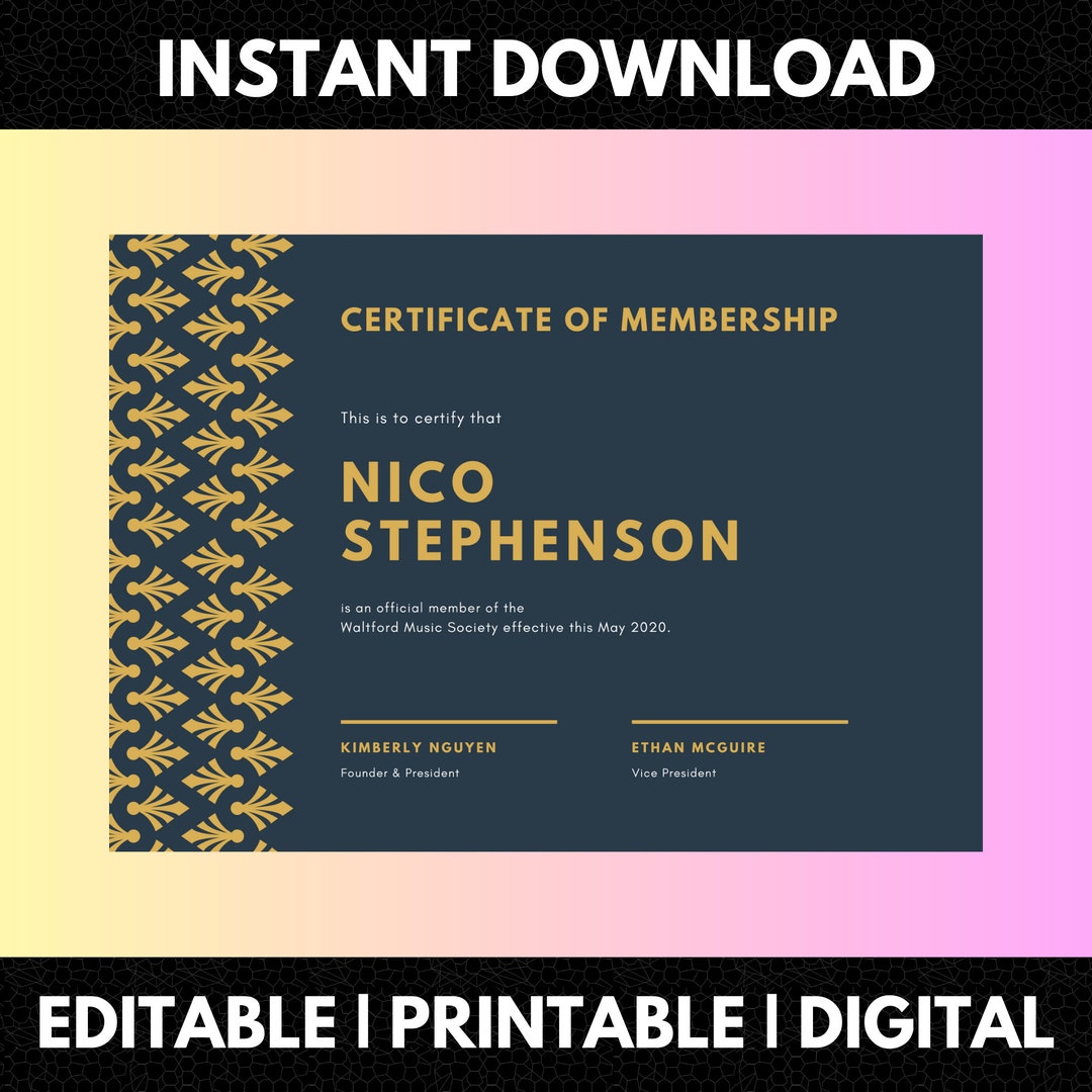 Editable Certificate of Membership, Membership Certificate, Digital ...