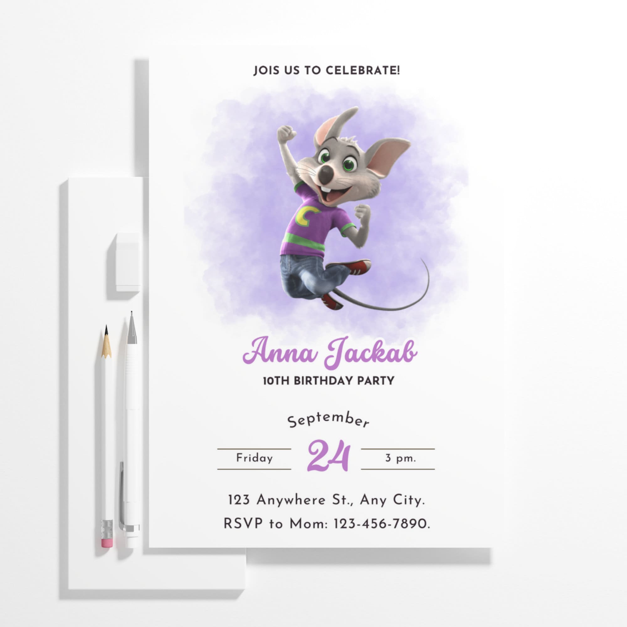 Editable Chuck E Cheese Birthday Invitation: Printable Party Invite - Etsy