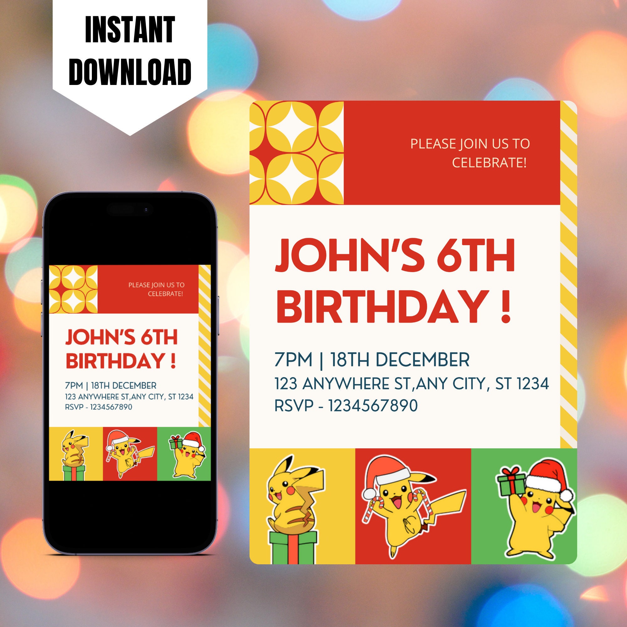Editable Pikachu Invitation, Printable Pokemon Christmas Invite ...