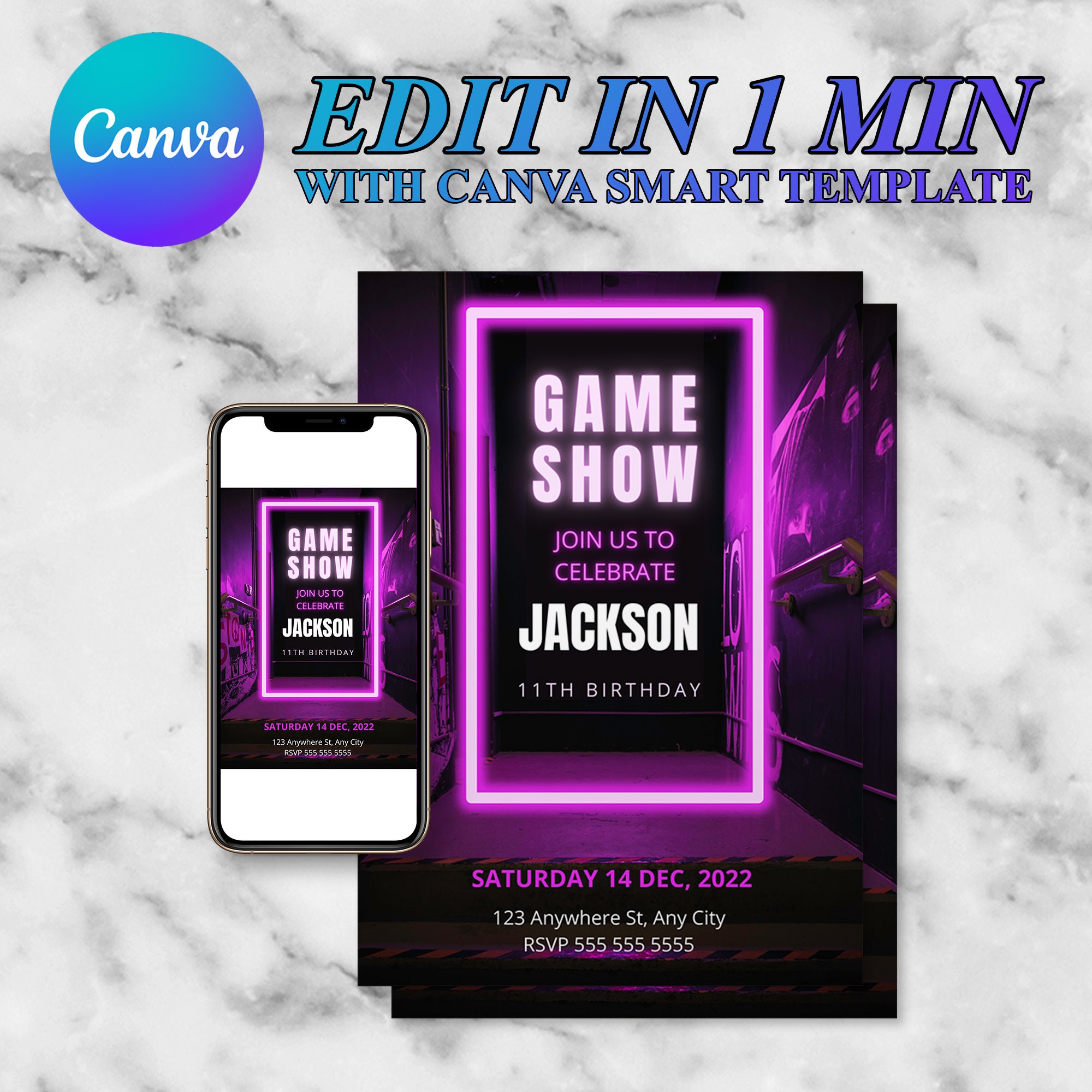Editable Game Show Birthday Invitation, Digital Neon Game Night ...