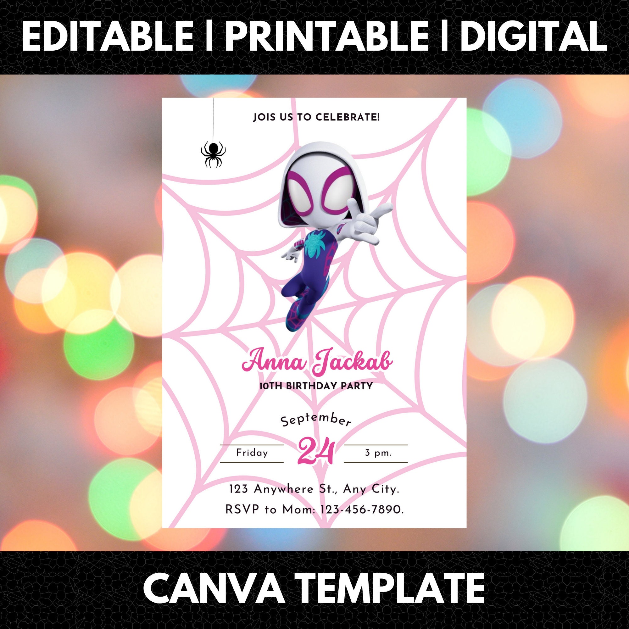 Editable Ghost Spidey Birthday Invitation, Printable Spidey and His ...