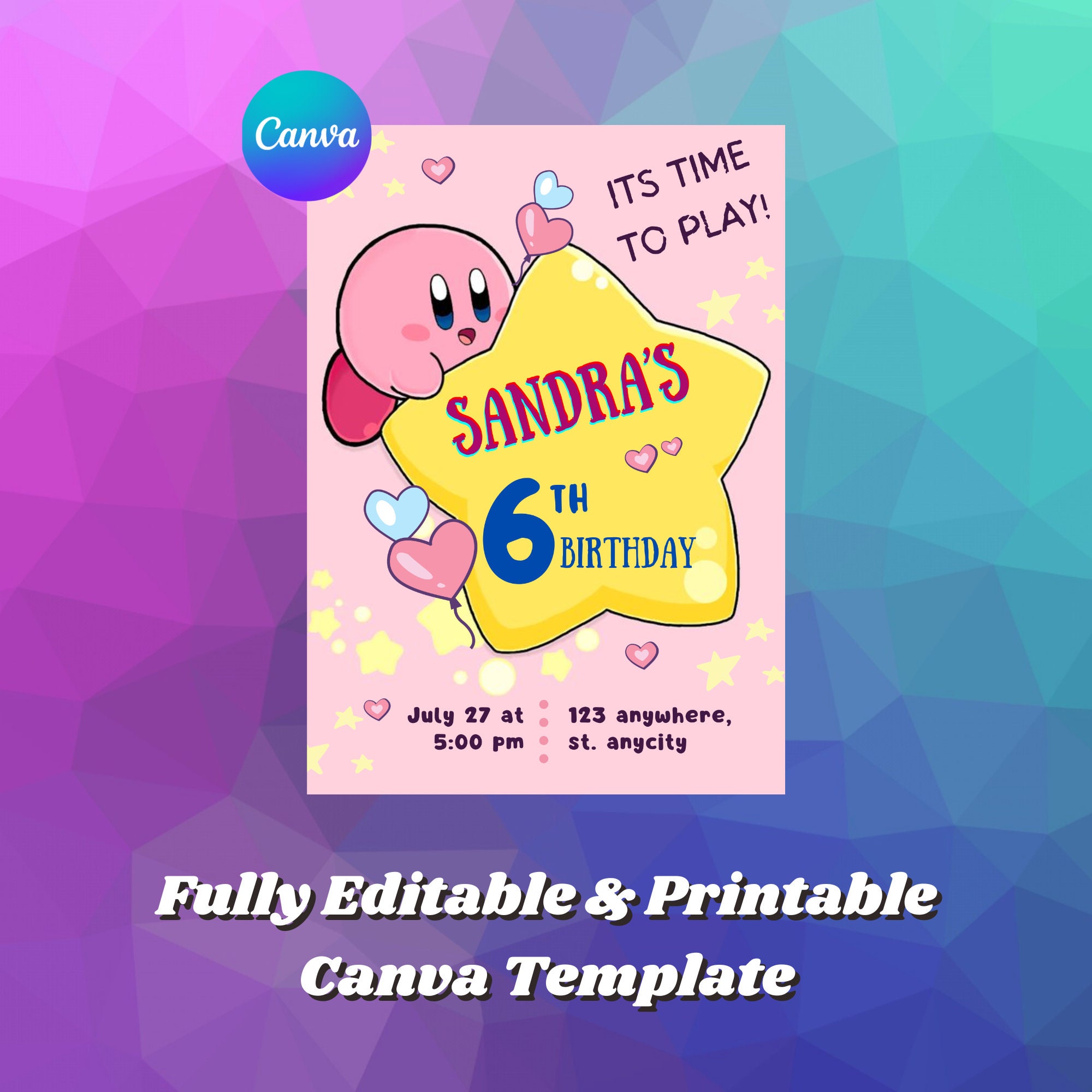 Editable Kirby Birthday Invitation: Printable Party Invite (canva Template) - Etsy