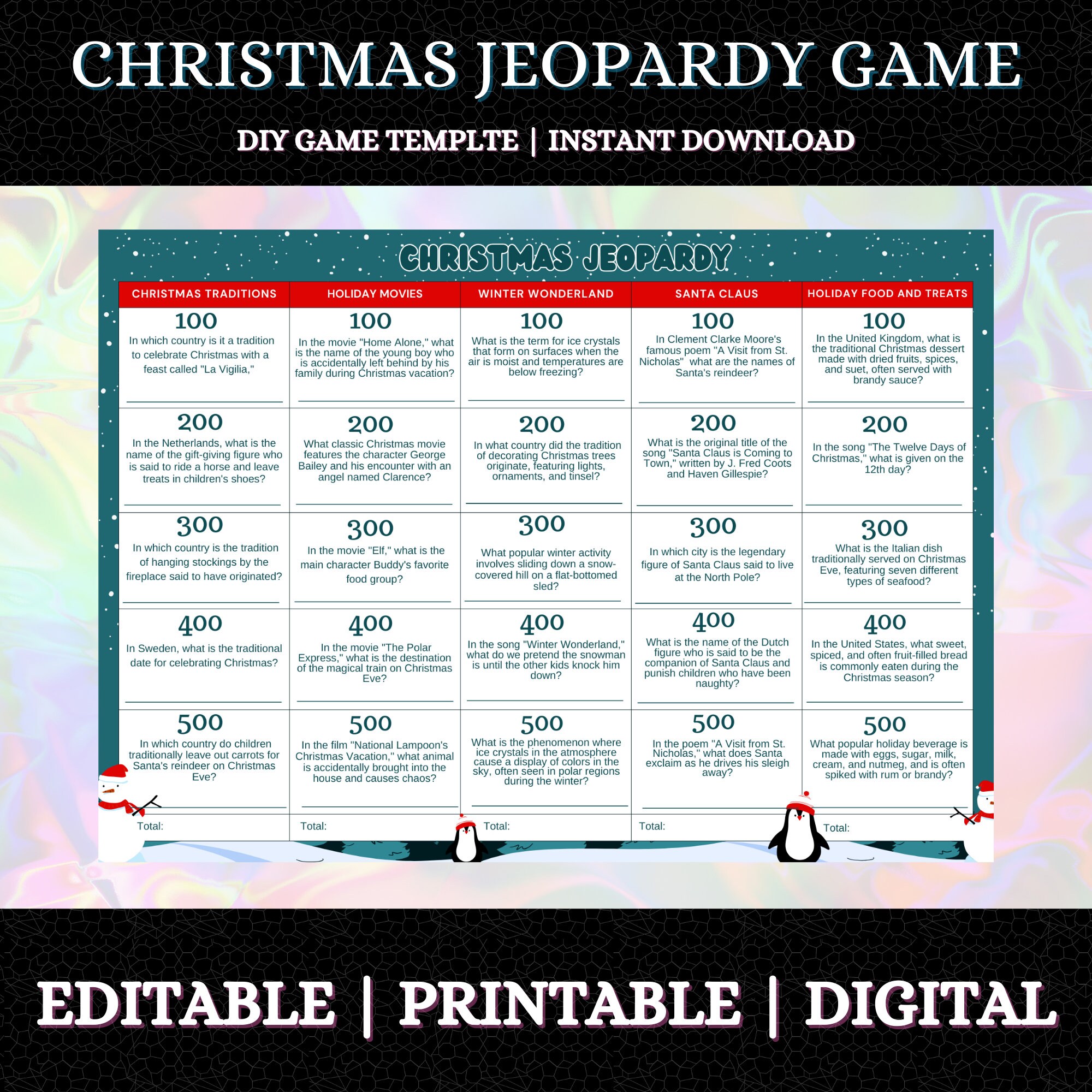 Editable Christmas Jeopardy Game, Christmas Jeopardy Printable Instant ...