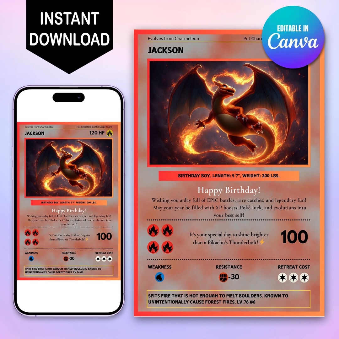 Editable Charizard Birthday Card Invitation, Printable Pokemon Birthday ...