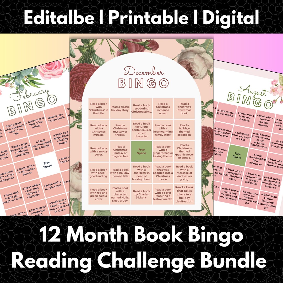 Editable 12 Month Book Bingo Reading Challenge, Printable Monthly ...