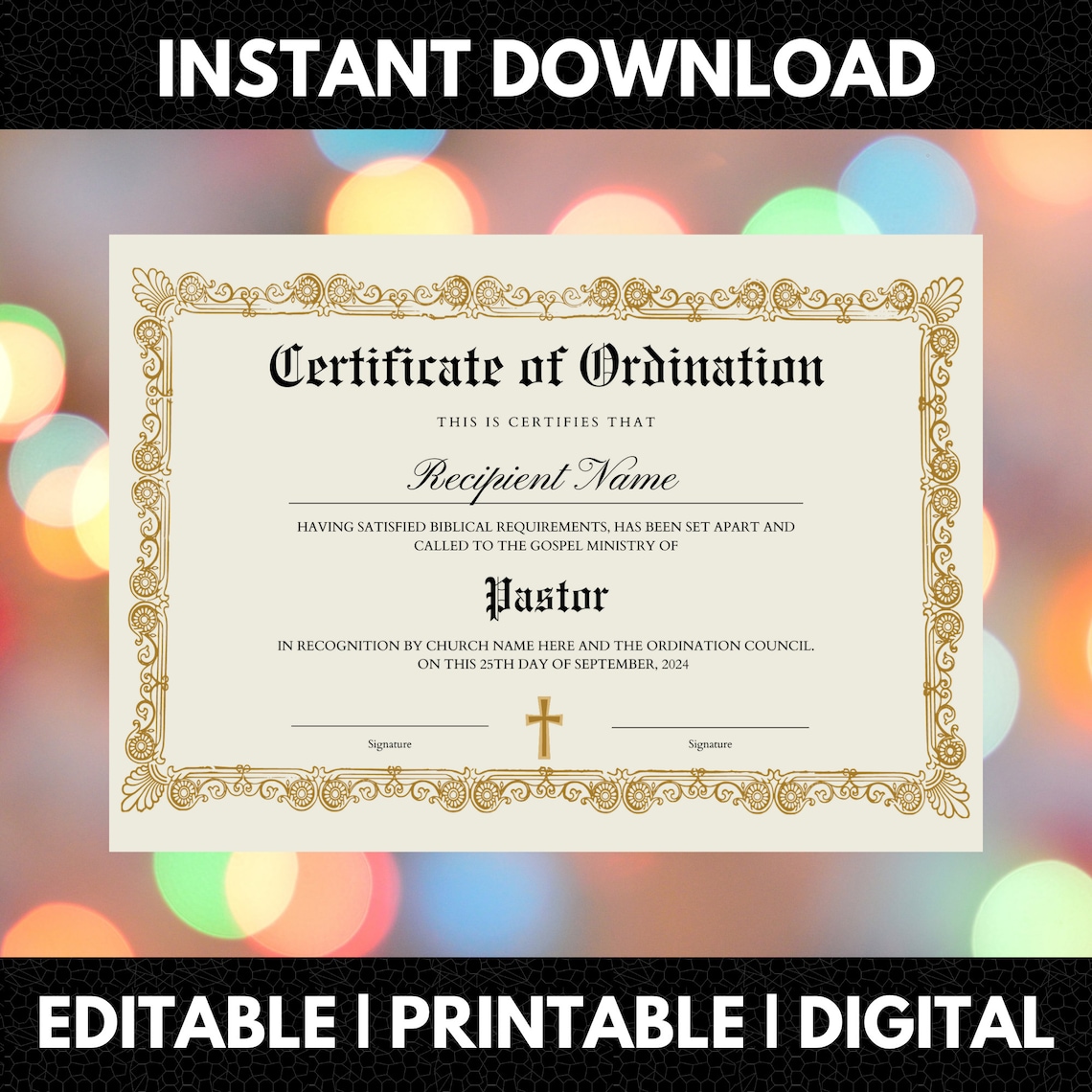 Editable Pastor Ordination Certificate Template, Printable Certificate ...