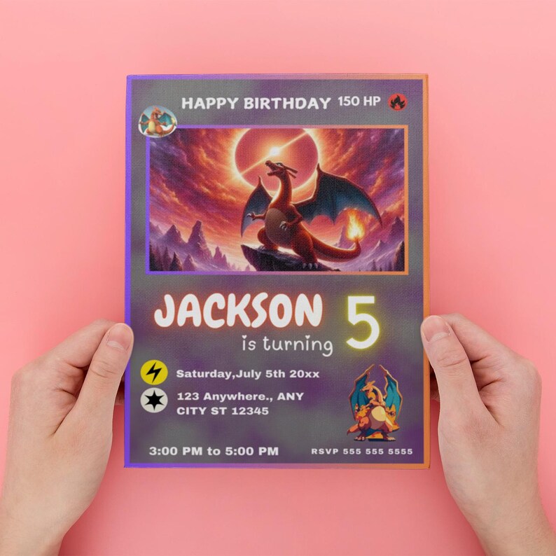 Editable Charizard Birthday Card Invitation, Custom Printable Pokemon ...