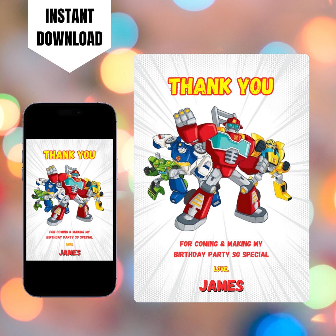 Editable Rescue Bots Transformer Birthday Thank You Card Template ...